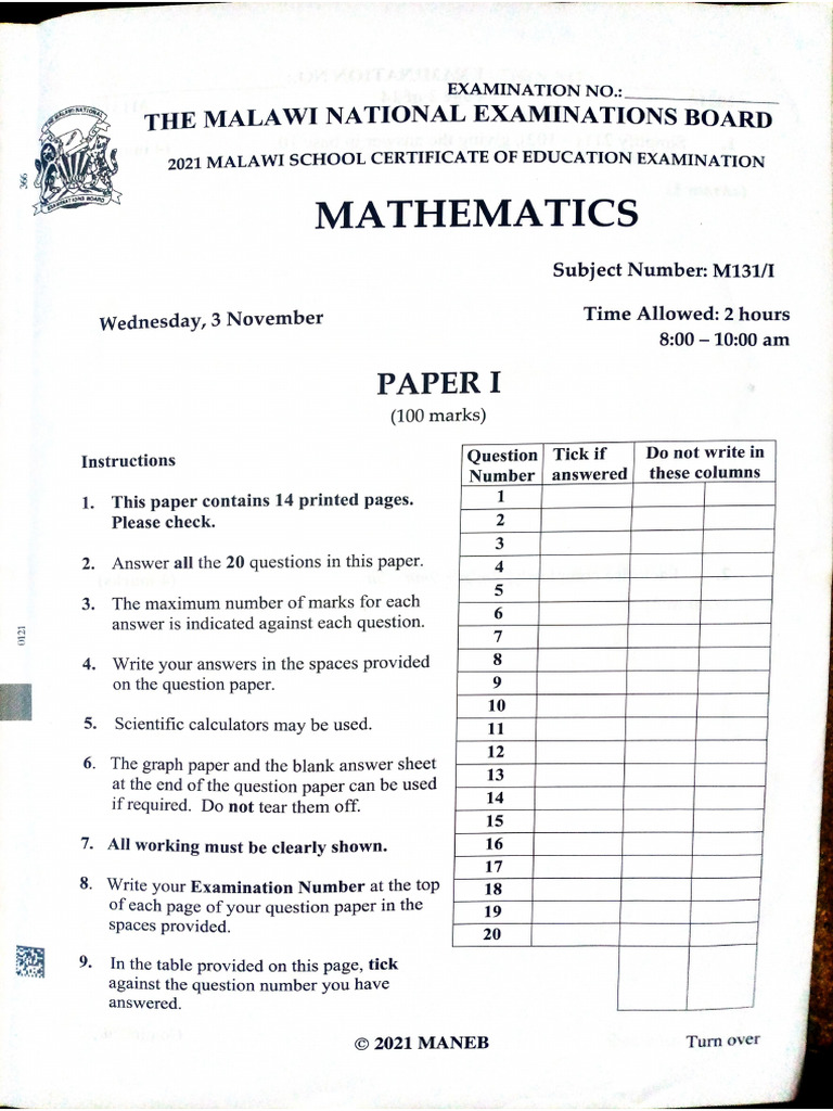 Maneb Maths 1 2021 | PDF