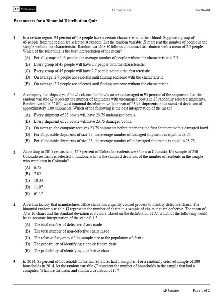 Parameters For A Binomial Distribution Quiz: Ap Statistics Test Booklet ...