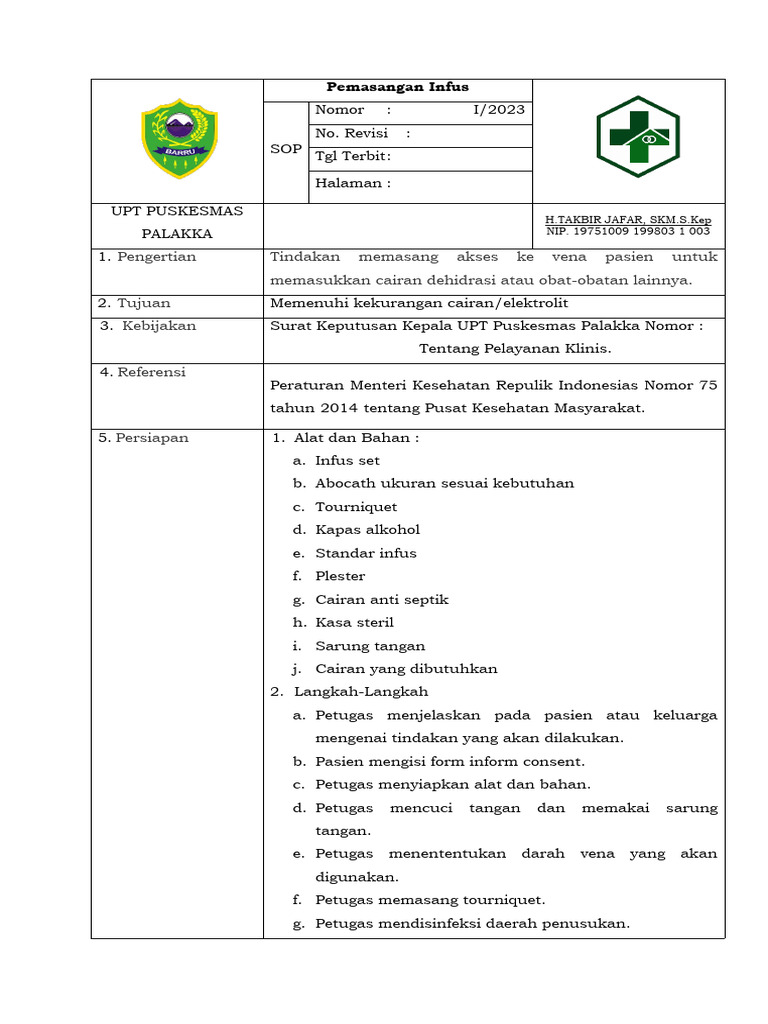 Sop Pemasangan Infus | PDF