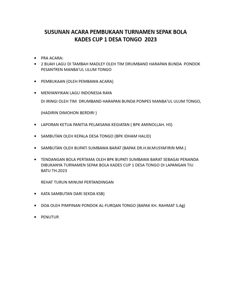 Susunan Acara Pembukaan Kades Cup 2023 | PDF | Olahraga & Rekreasi | Perjalanan