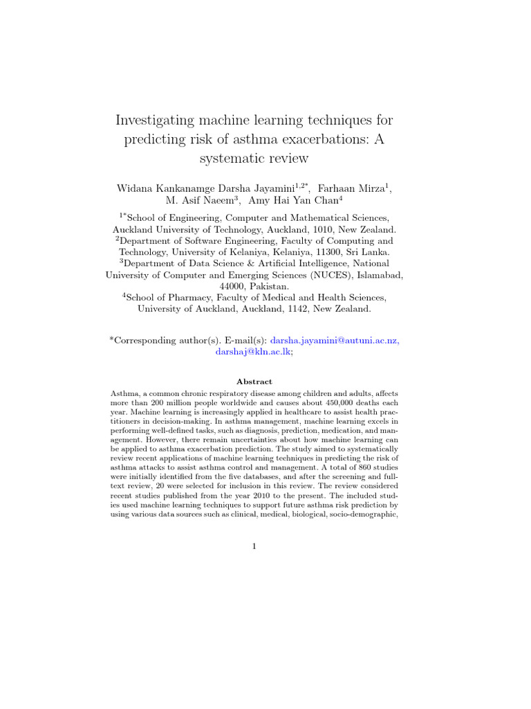 Investigating Machine Learning Techniques For Predicting Risk of Asthma Exacerbations: A ...
