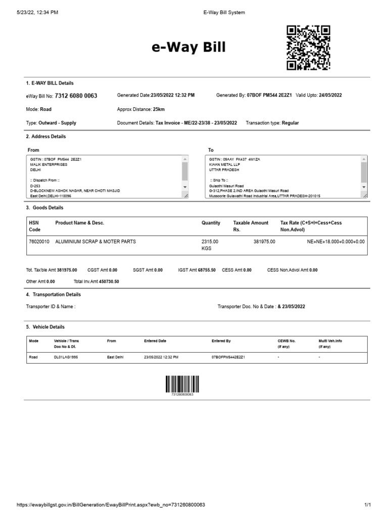 E-Way Bill Kiaan 23-2-22 | PDF | Taxes | Governance