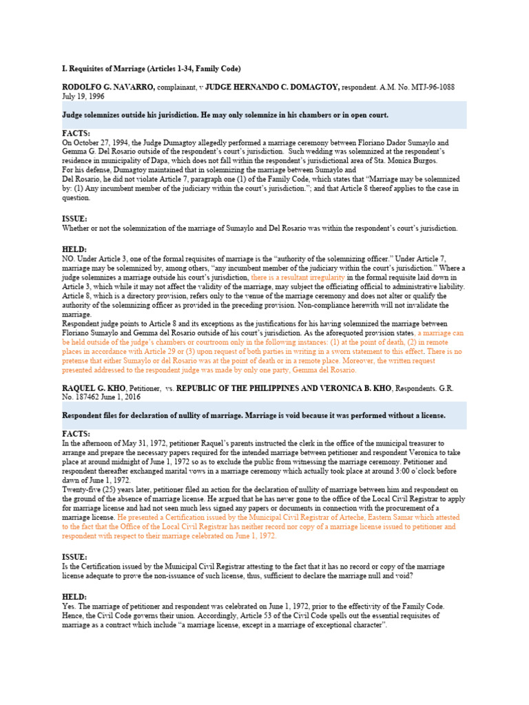 Family Code Digests | PDF | Annulment | Divorce