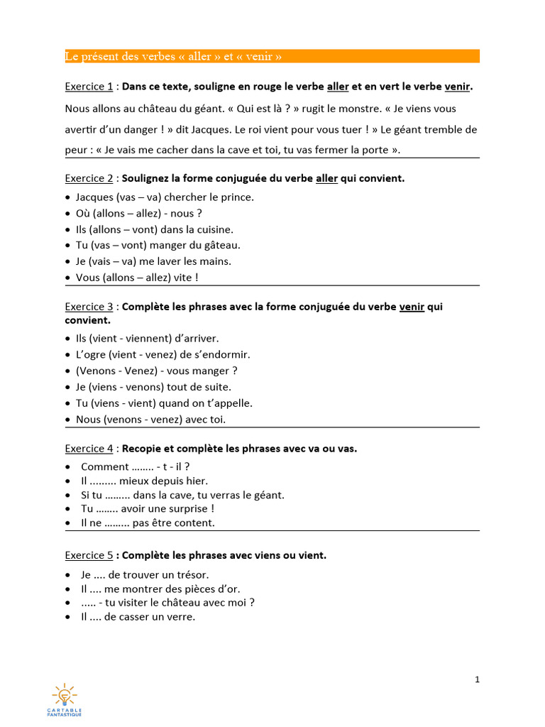 Présent des verbes aller et venir | PDF | Verbe