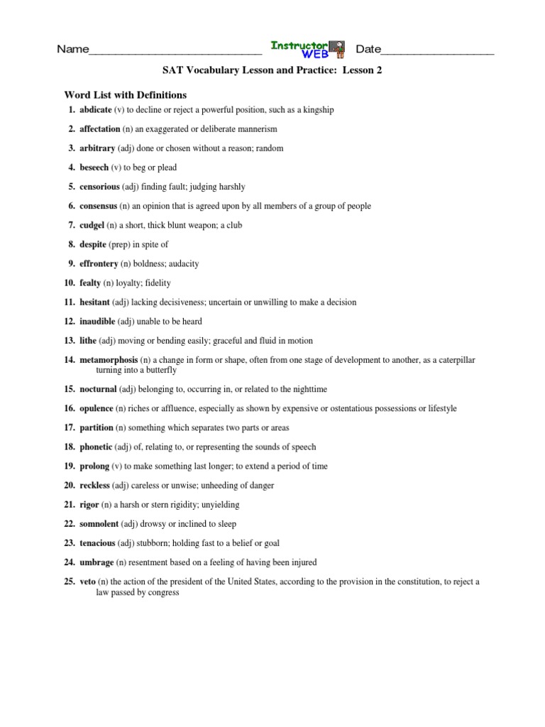 SAT Vocabulary Lesson and Practice: Lesson 2 Word List With Definitions ...