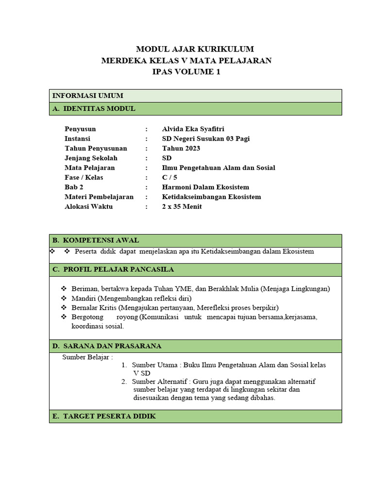 Modul Ajar Kurikulum Merdeka Kelas V Mata Pelajaran Ipas Volume 1 | PDF | Sains & Matematika