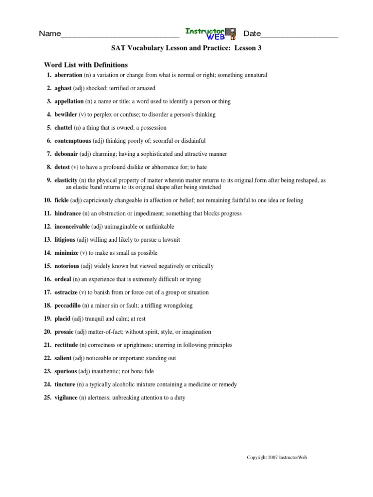 SAT Vocabulary Lesson and Practice: Lesson 3 Word List With Definitions ...