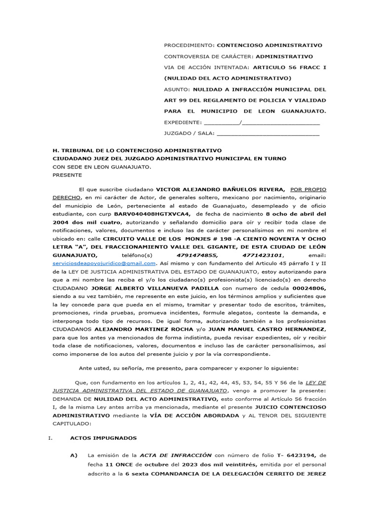 Demanda de Nulidad Por Infraccion de Transito Indebida y Pago de Multa | Descargar gratis PDF ...