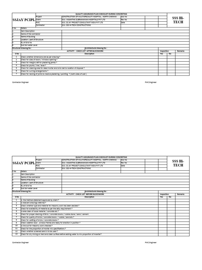 Checklist For Civil Works | PDF | Concrete | Building Technology