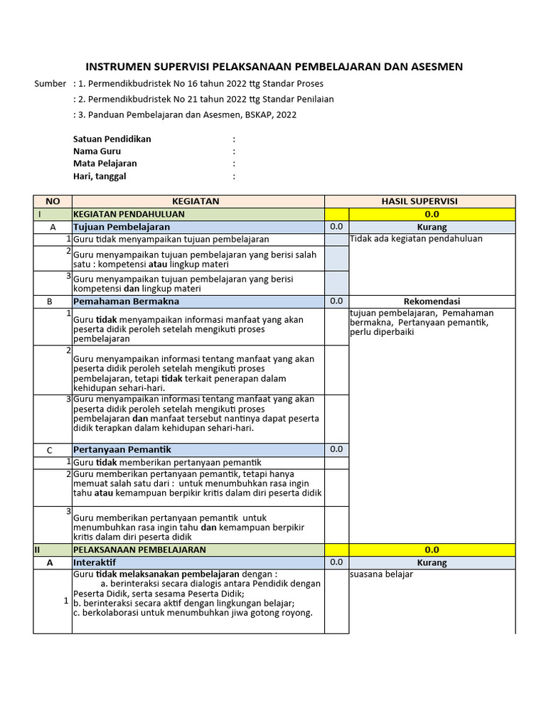 Instrumen Supervisi Pelaksanaan Pembelajaran 2 | PDF | Karier & Perkembangan