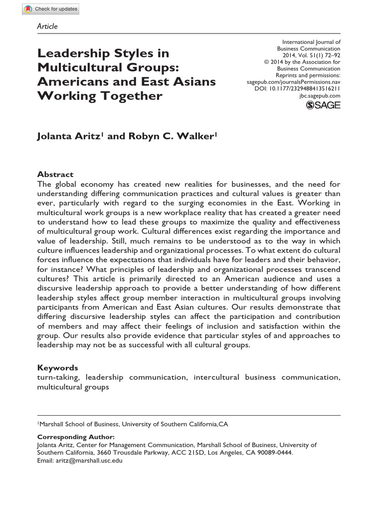 Aritz Walker 2014 Leadership Styles in Multicultural Groups Americans and East Asians Working ...