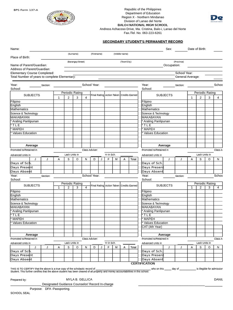 Sample Form 137-A for Students | PDF | Observation | Philippines