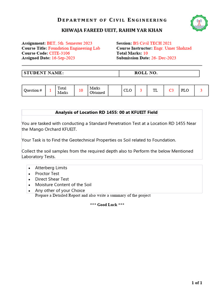 OEL For Foundation Engineering Lab | PDF