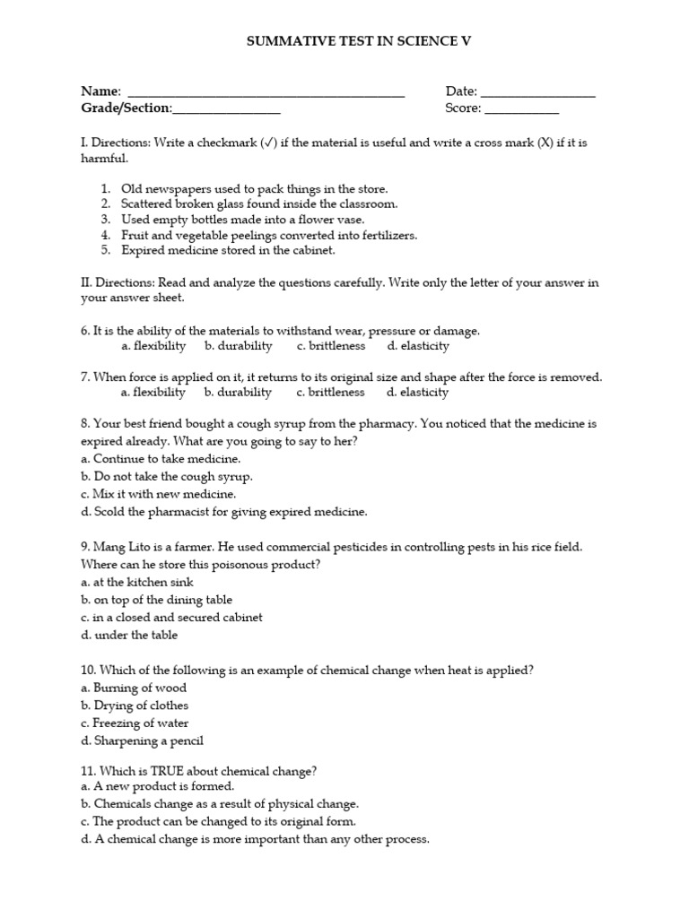 Summative Test in Science V | PDF | Materials