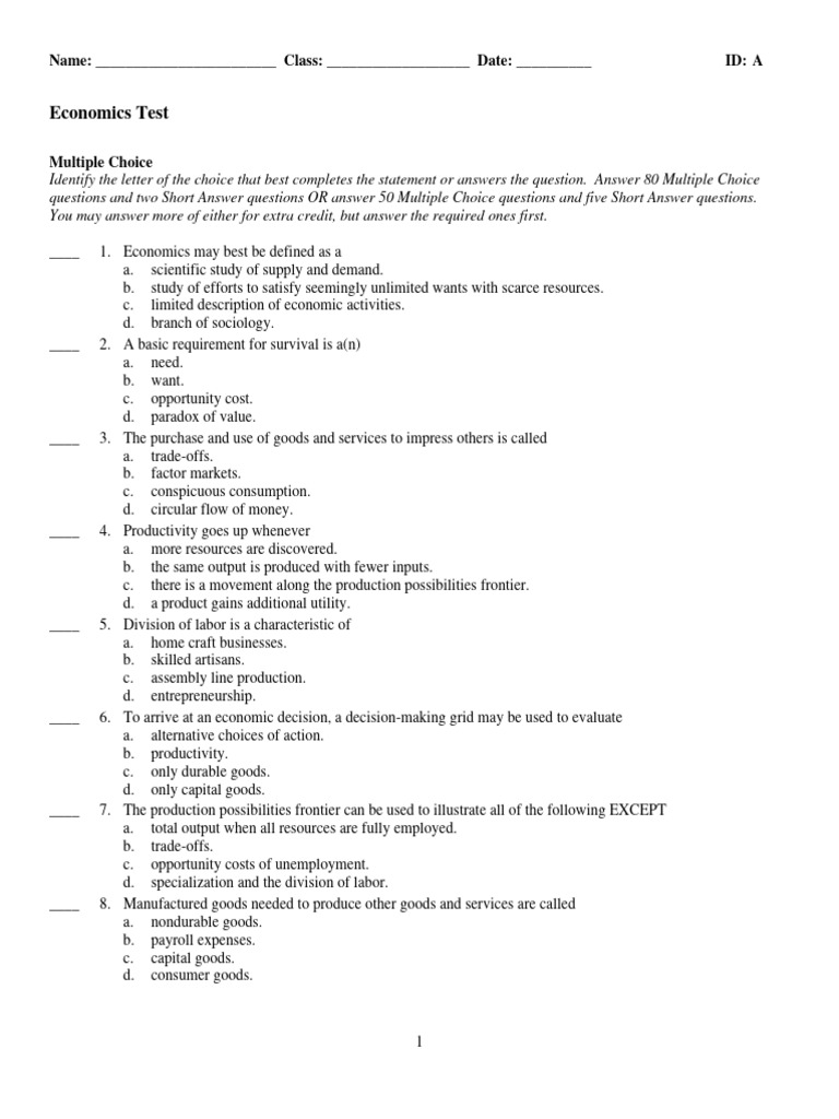 Economics Test | PDF | Demand | Elasticity (Economics)