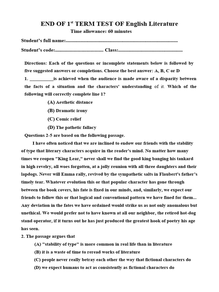 END OF 1st TERM TEST OF Literature of English Speaking Countries | PDF ...