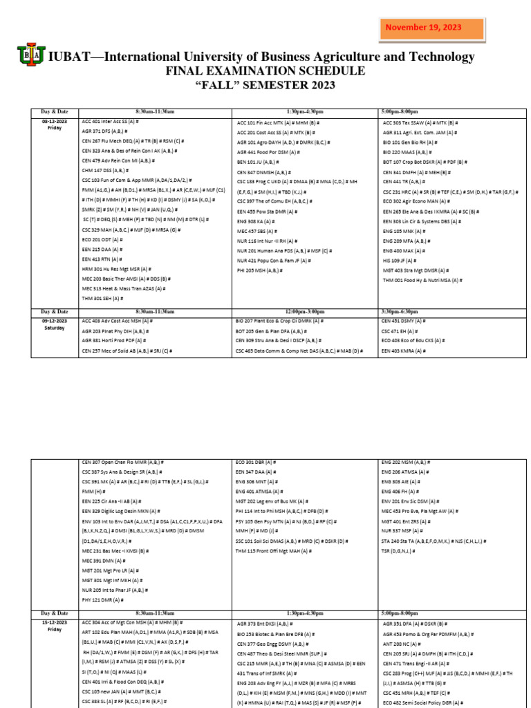 Fall 2023 Final Examination Schedule | PDF