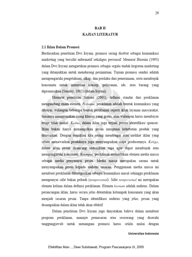 Bab Ii Kajian Literatur: Efektifitas Iklan..., Dewi Sulistiawati, Program Pascasarjana UI, 2009 ...