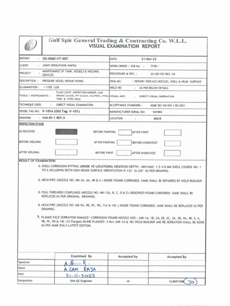 Initial Inspection Report MGC V-101a | PDF