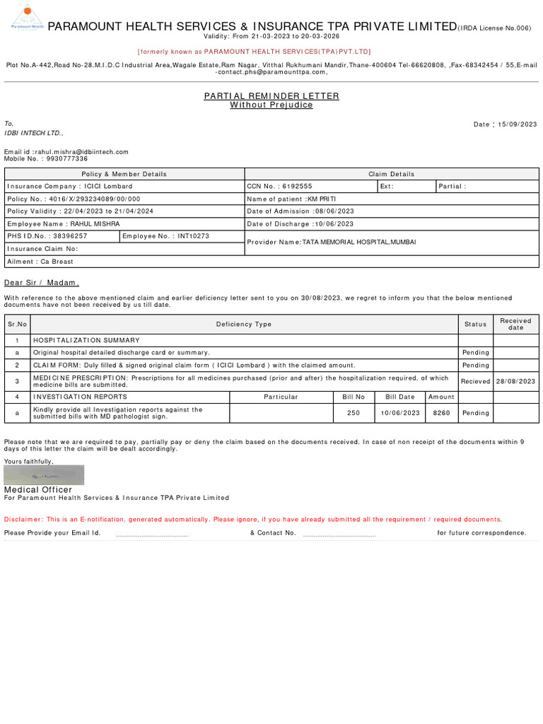 Paramount Health Services & Insurance Tpa Private Limited: Partial ...