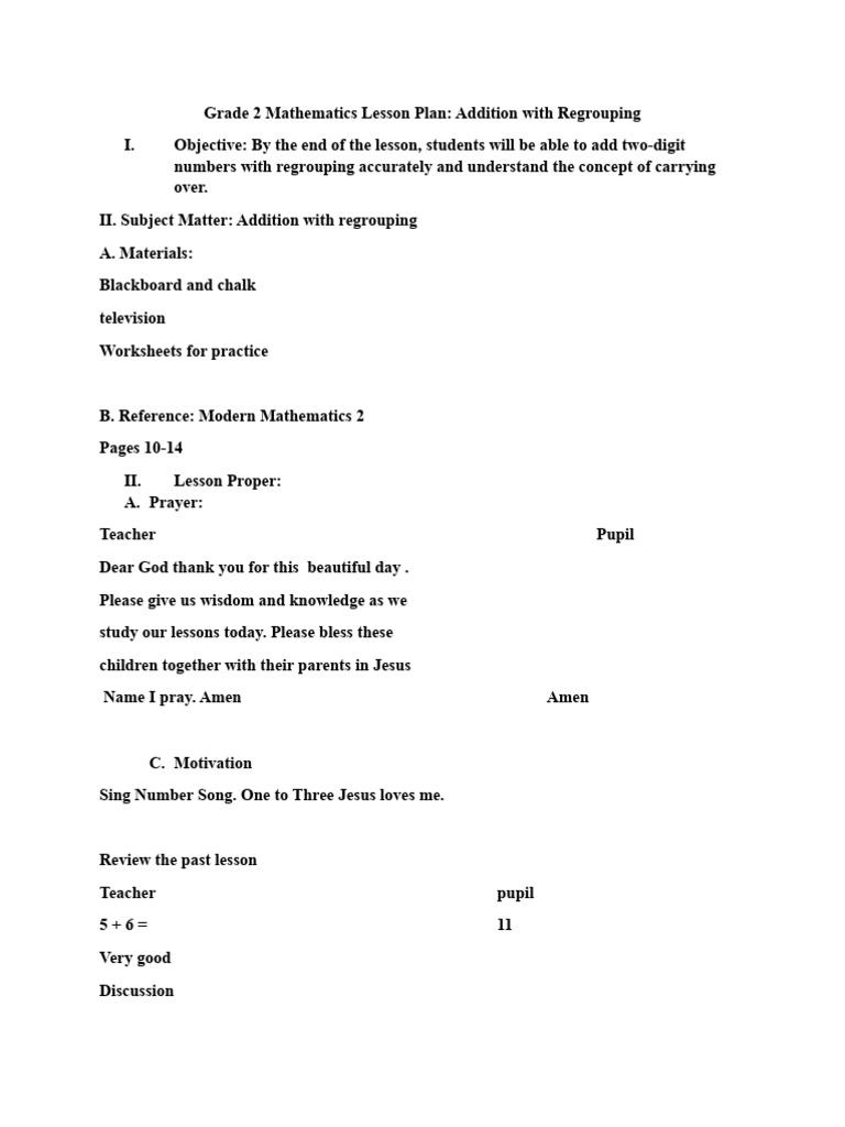 Grade 2 Mathematics Lesson Plan XC | PDF