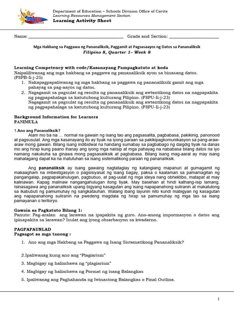 G8 LAS Filipino WEEK 8 | PDF