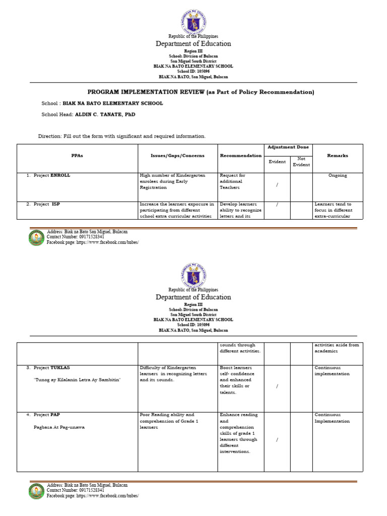 Biak Na Bato Es Program Implementation Review Spir | PDF | Learning
