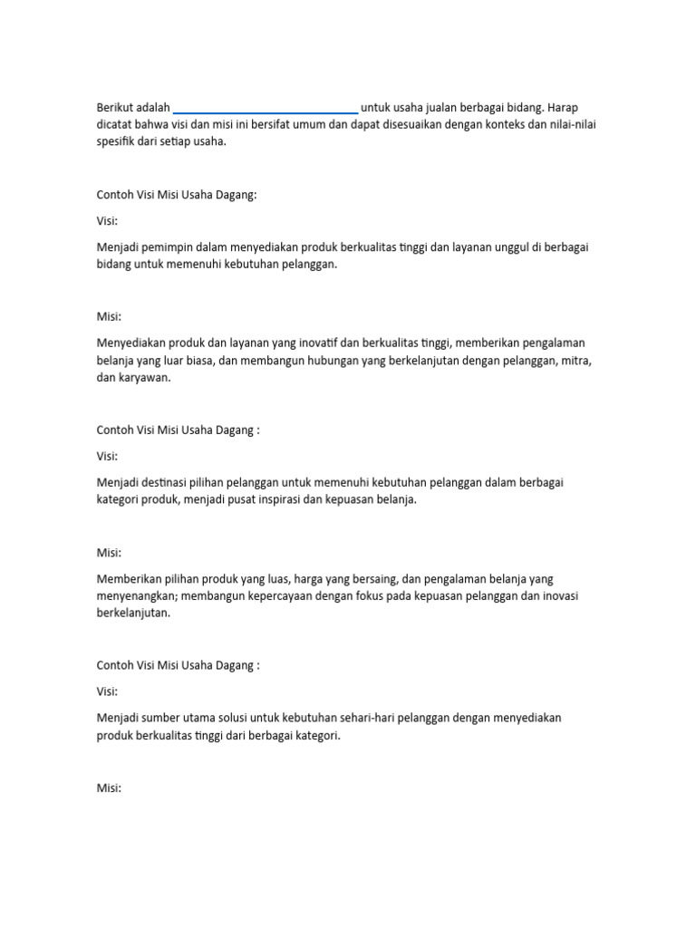 Contoh Visi Misi Usaha Dagang | PDF