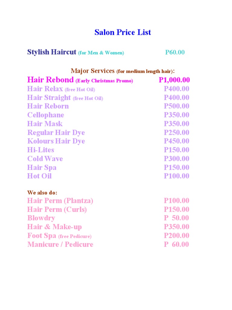 Comprehensive Salon Price List | PDF