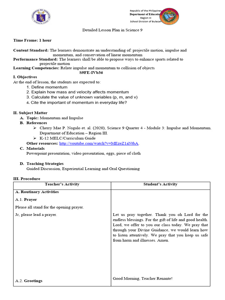 New Lesson Plan Demo JS | PDF | Momentum | Force