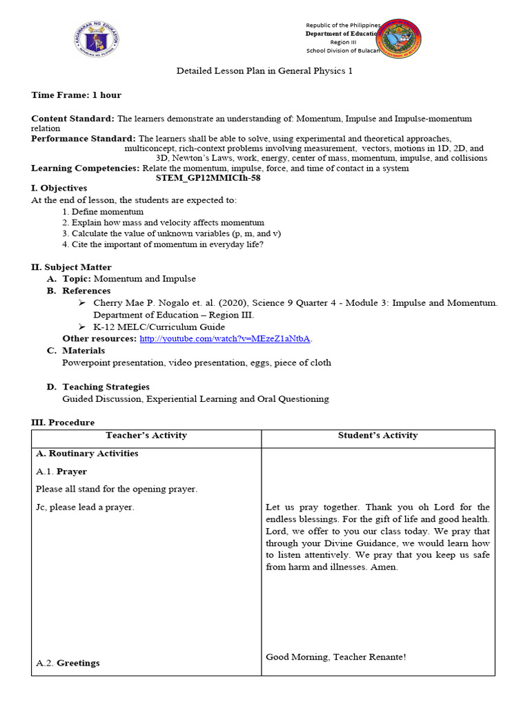 Detailed Lesson Plan Momentum - Senior High | PDF | Momentum | Force