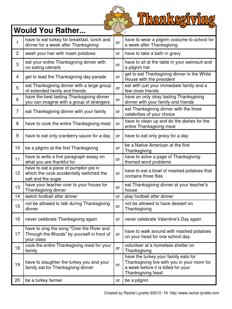 Thanksgiving Would You Rather Questionsfor Kids FREE | PDF ...