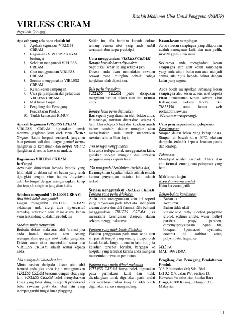 Virless Cream Acyclovir YSP Insdustries M Sdn. Bhd. 28oct2015 BM | PDF