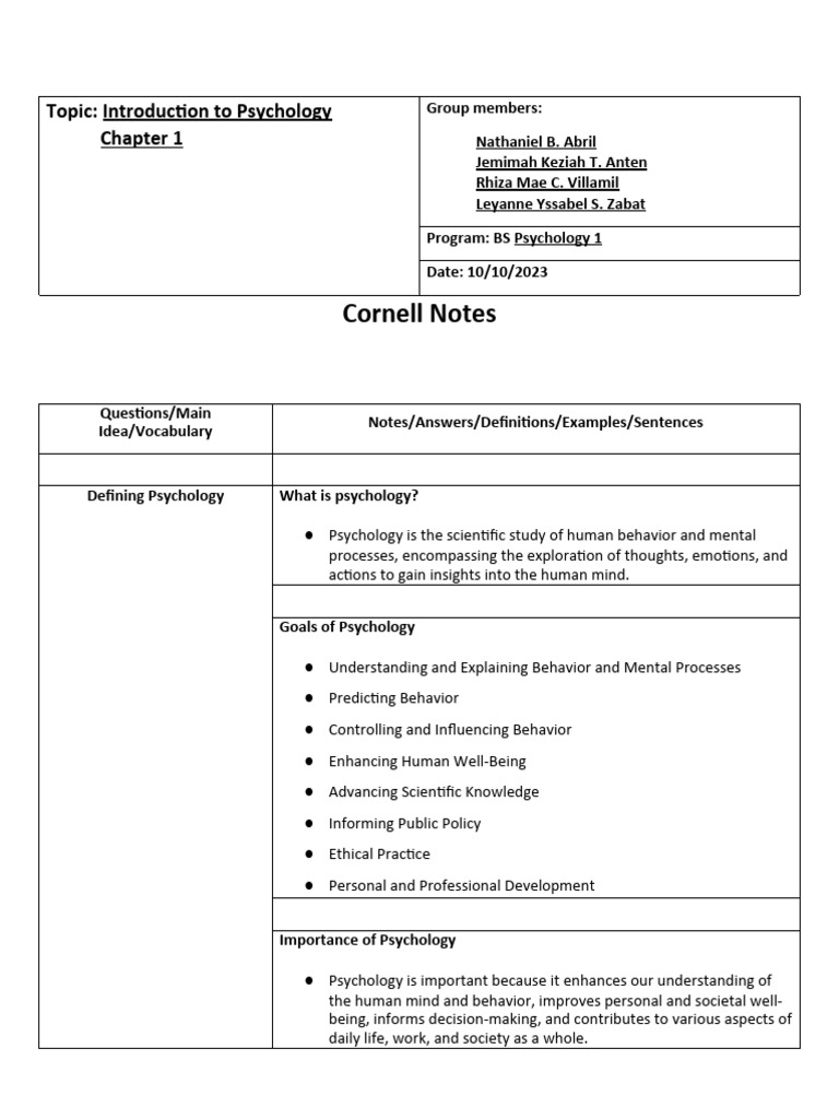 Cornell Note Chapter 1 | PDF | Psychology | Humanistic Psychology