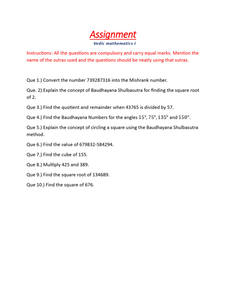 Assignment (Vedic Mathematics I) | PDF | Teaching Methods & Materials | Religion & Spirituality