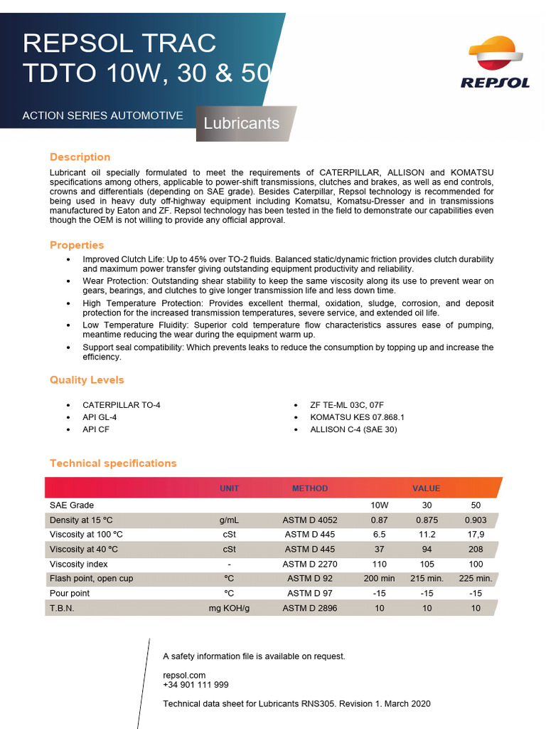 Repsol TDTO Lubricant Specifications | PDF | Motor Oil | Viscosity