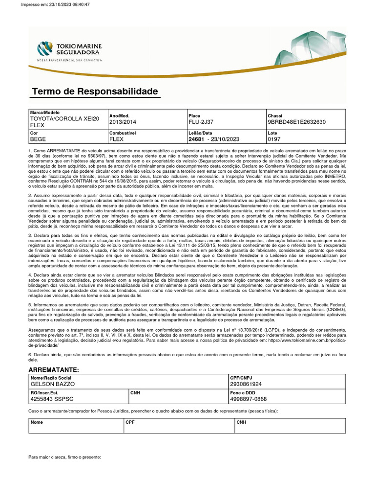 Termo Resposabilidade 24681 0197 | PDF | Leilão | Direito Comum