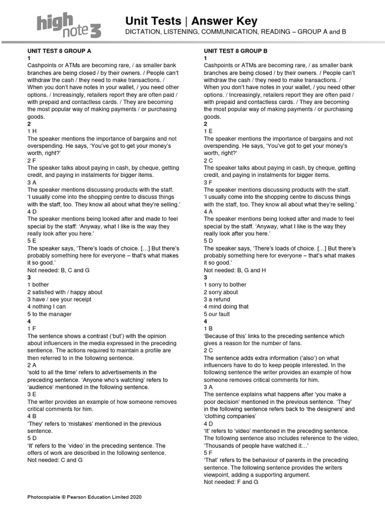 HighNote3 Unit Skills Test Unit08 GroupA B ANSWERS | PDF | Debit Card ...