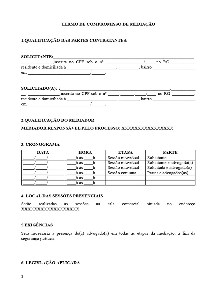 MODELO - Termo de Compromisso de Mediação | PDF | Mediação | Indenização MODELO - Termo de Compromisso de Mediação | PDF | Mediação | Indenização