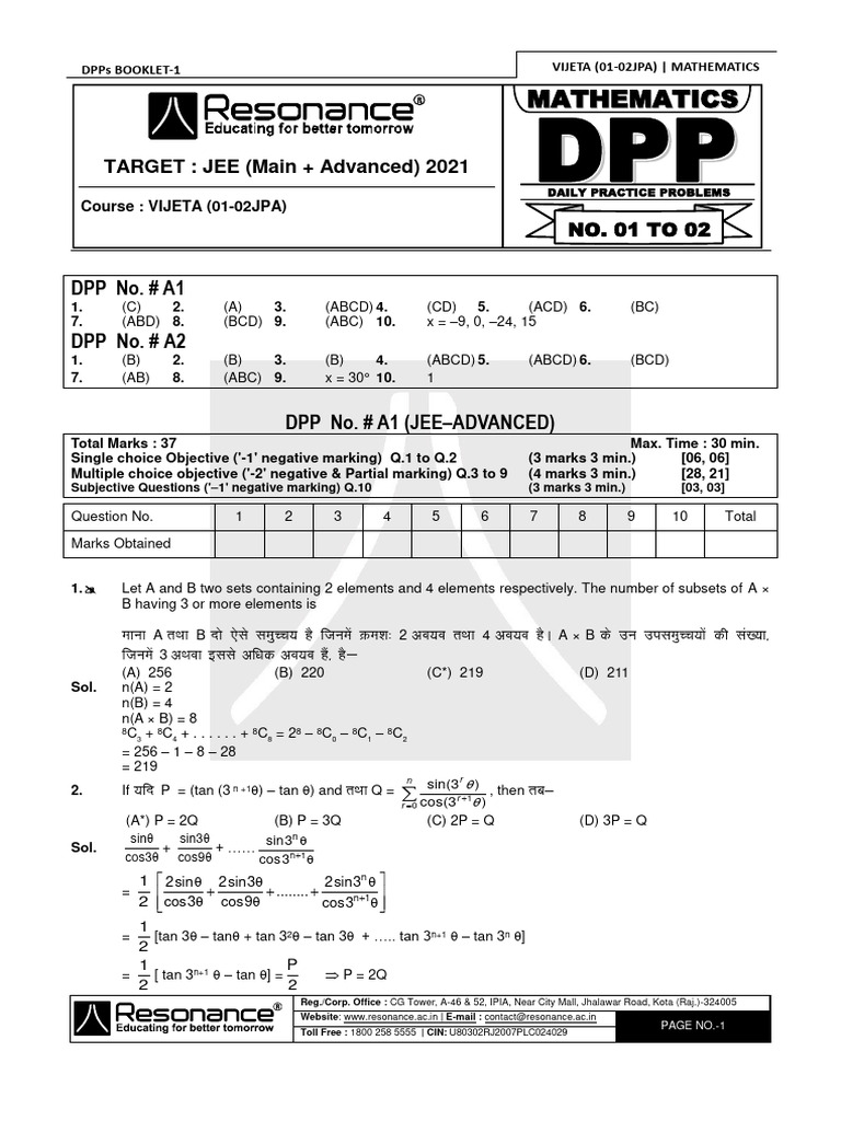 Maths DPP 01JPA A1 To A45 Hints Solution Faculty | PDF | Mathematical Concepts | Elementary ...