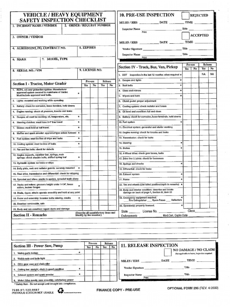 Vehicle Heavy Equipment Safety Inspection Checklist | PDF
