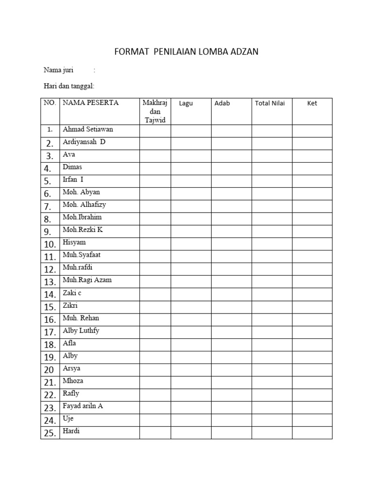 Format Penilaian Lomba Adzan | PDF