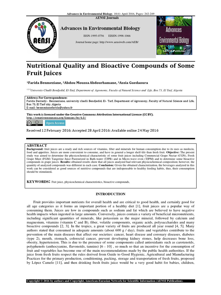 Nutritional Quality and Bioactive Compounds of SOme Fruit Juice | PDF ...