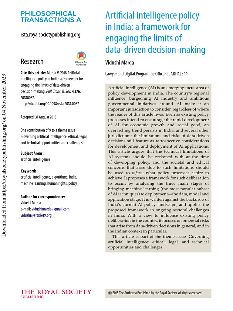 Marda 2018 Artificial Intelligence Policy in India A Framework For Engaging The Limits of Data ...