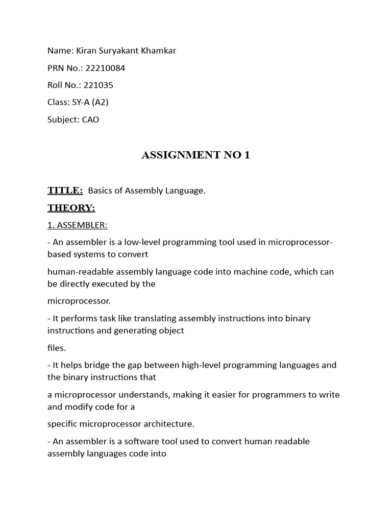Assignment No1 Pdf Assembly Language Computer Programming 
