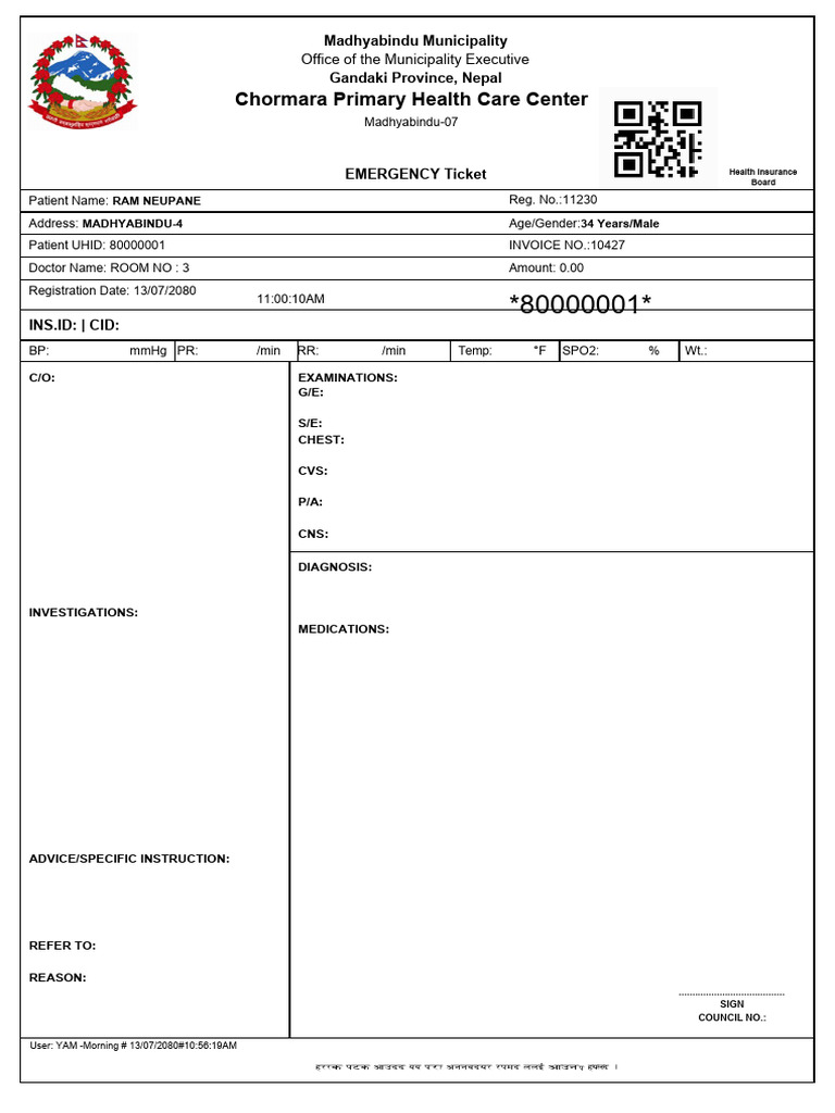Emergency Ticket for Patient Ram Neupane | PDF | Health Care | Service ...