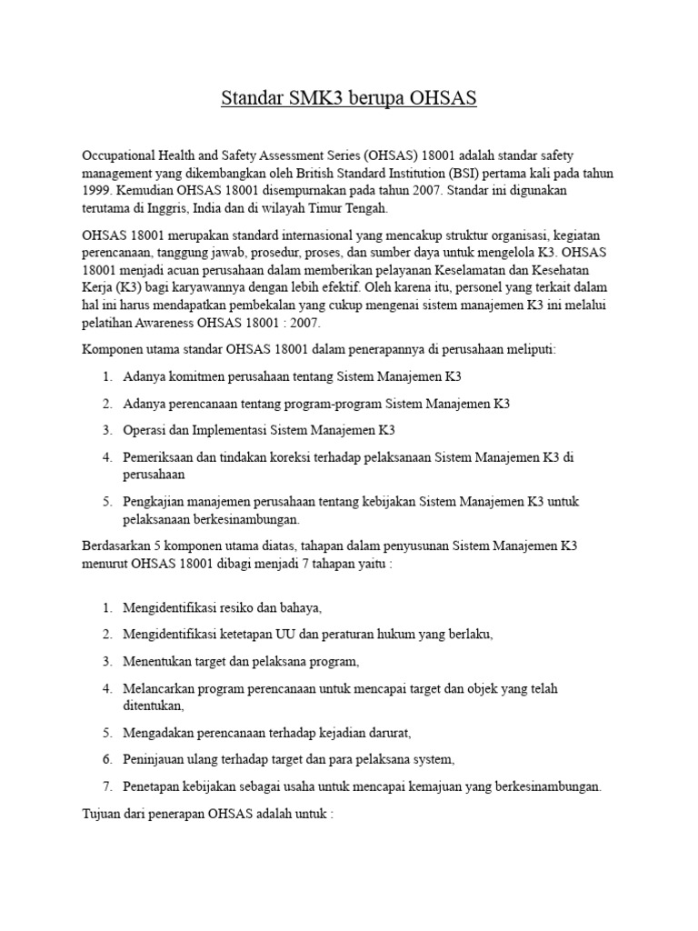 Standar SMK3 Berupa OHSAS | PDF