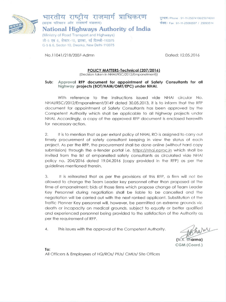 Approval RFP Document For Appointment of Safety Consultants For All Highway Projects Under NHAI ...