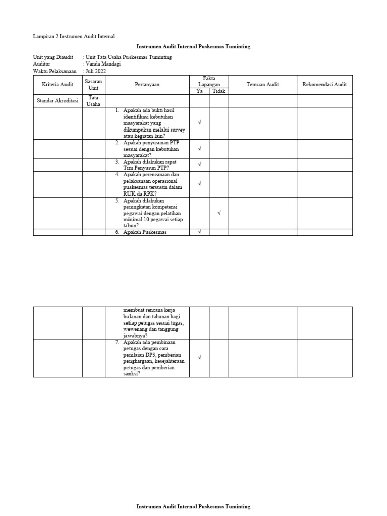 Lampiran 2 Instrumen Audit Internal | PDF