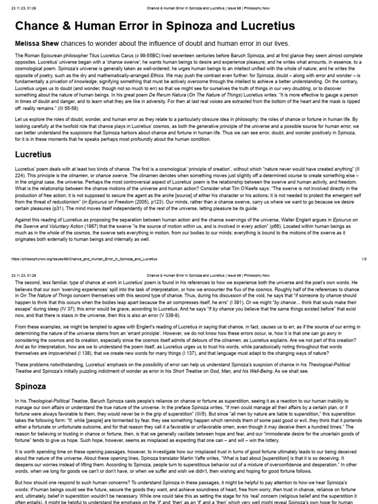 Chance & Human Error in Spinoza and Lucretius - Issue 68 - Philosophy ...